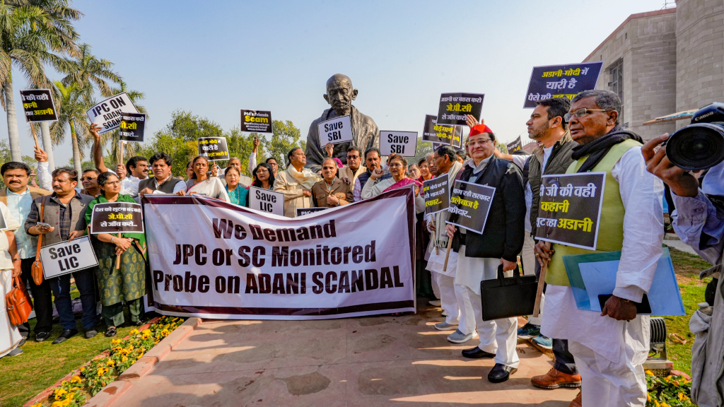 Opposition MPs Protest in Parliament Premises, Demand JPC on Adani ...
